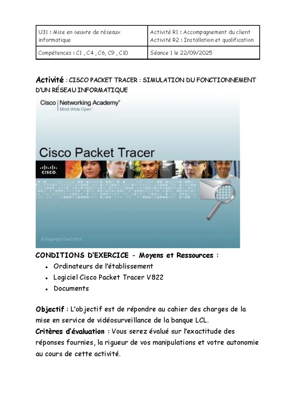U31 : TP Cisco - Mise en œuvre de Réseaux Informatiques - Studocu