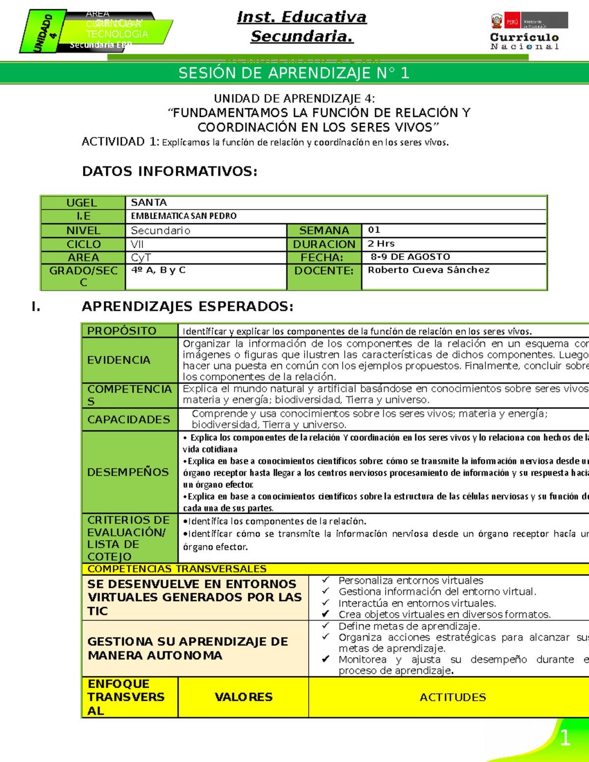 Actividad 1 - Relación y Coordinación en los Seres Vivos (4º SES ACT 1-CYT-UND 4) - Studocu