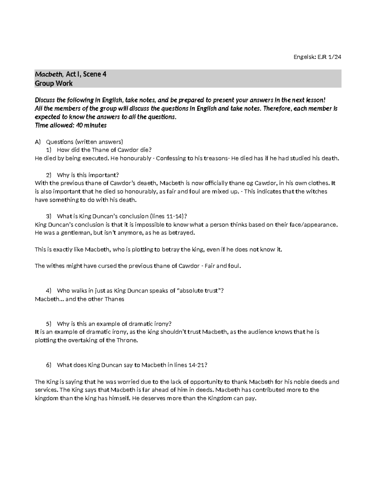 Macbeth I,4 Group Work Notes & Discussion - 3XY 2024 - Studocu