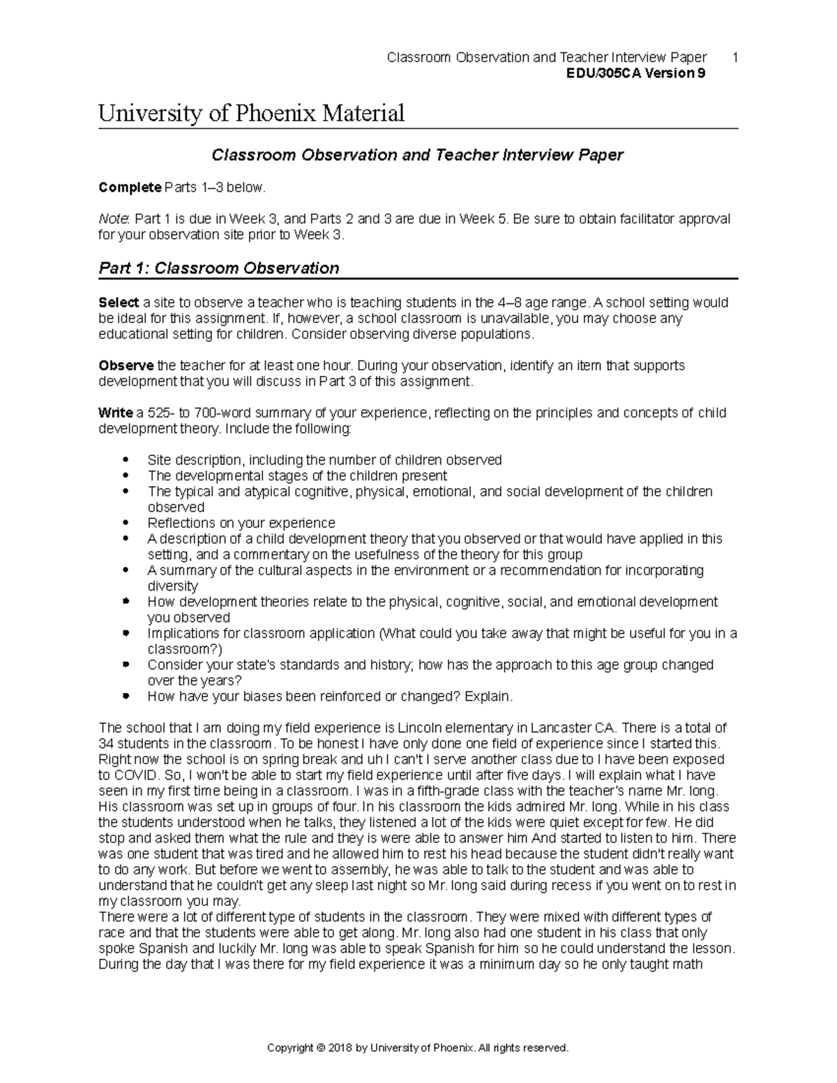 EDU305CA Classroom Observation & Teacher Interview Analysis Paper - Studocu