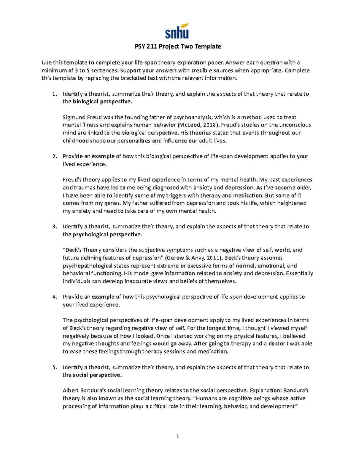 PSY 211 Life-Span Theory Exploration Project Two Guide - Studocu