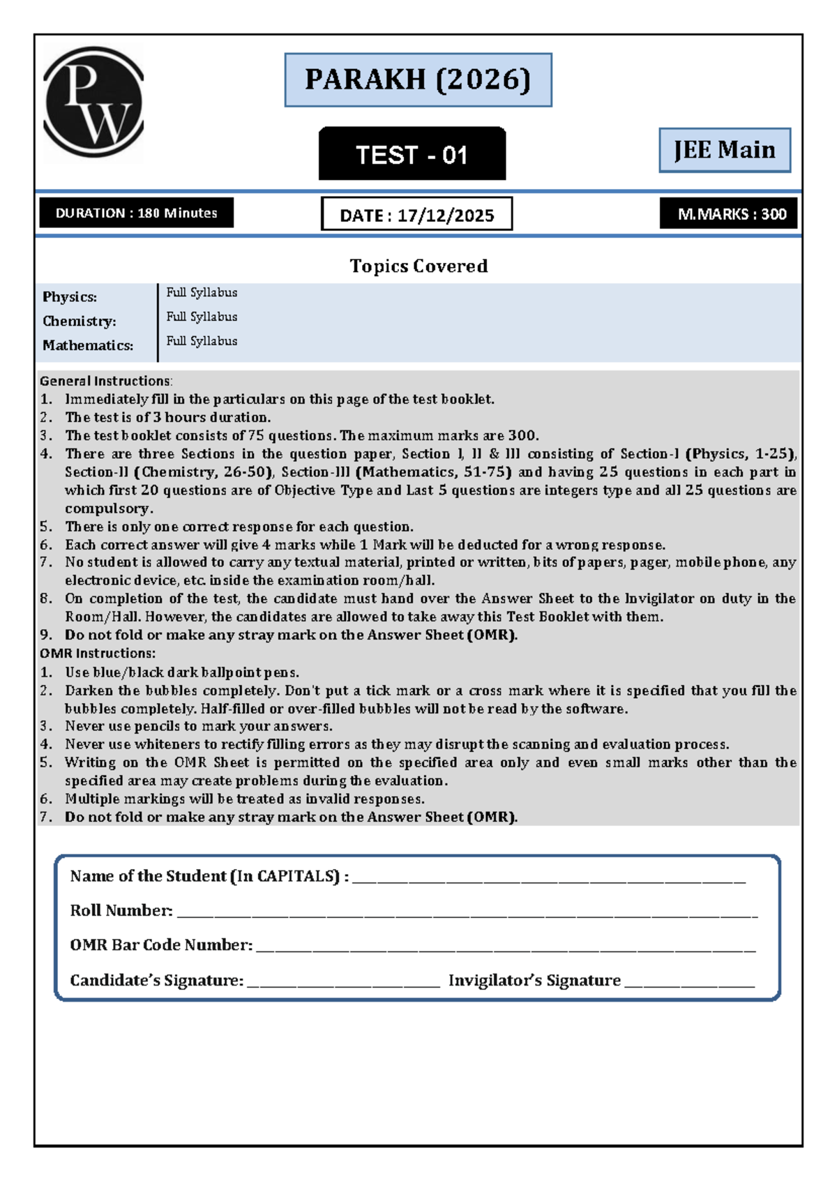 PYQ Test 01 (JEE Main) - Full Syllabus Physics, Chemistry, Mathematics ...