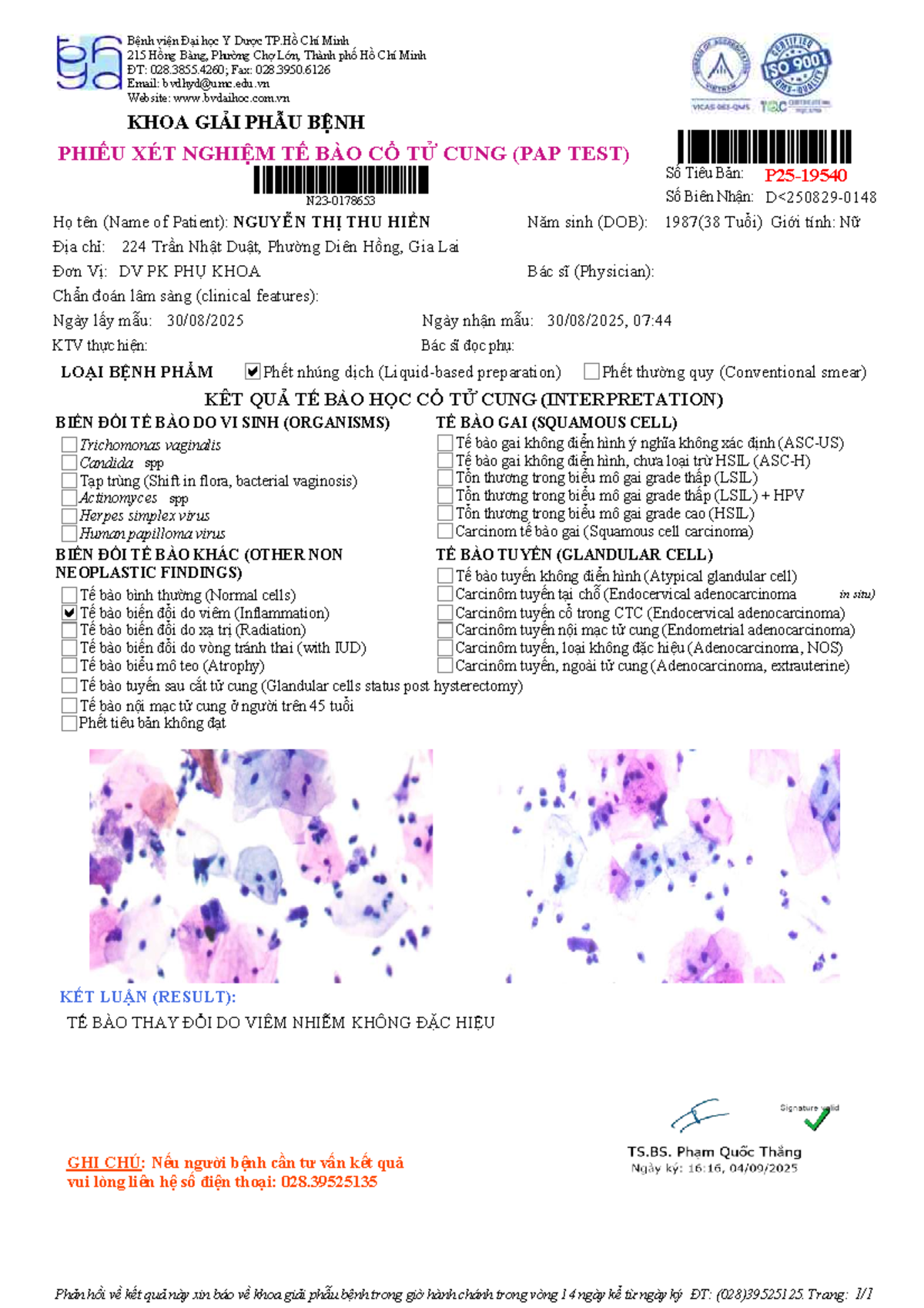 Phiếu Xét Nghiệm Tế Bào Cổ Tử Cung (PAP TEST) - GPB P25-19540 - Studocu