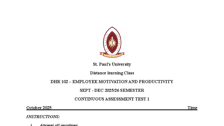 DHR 102 - Continuous Assessment Test 1: Employee Motivation Insights ...