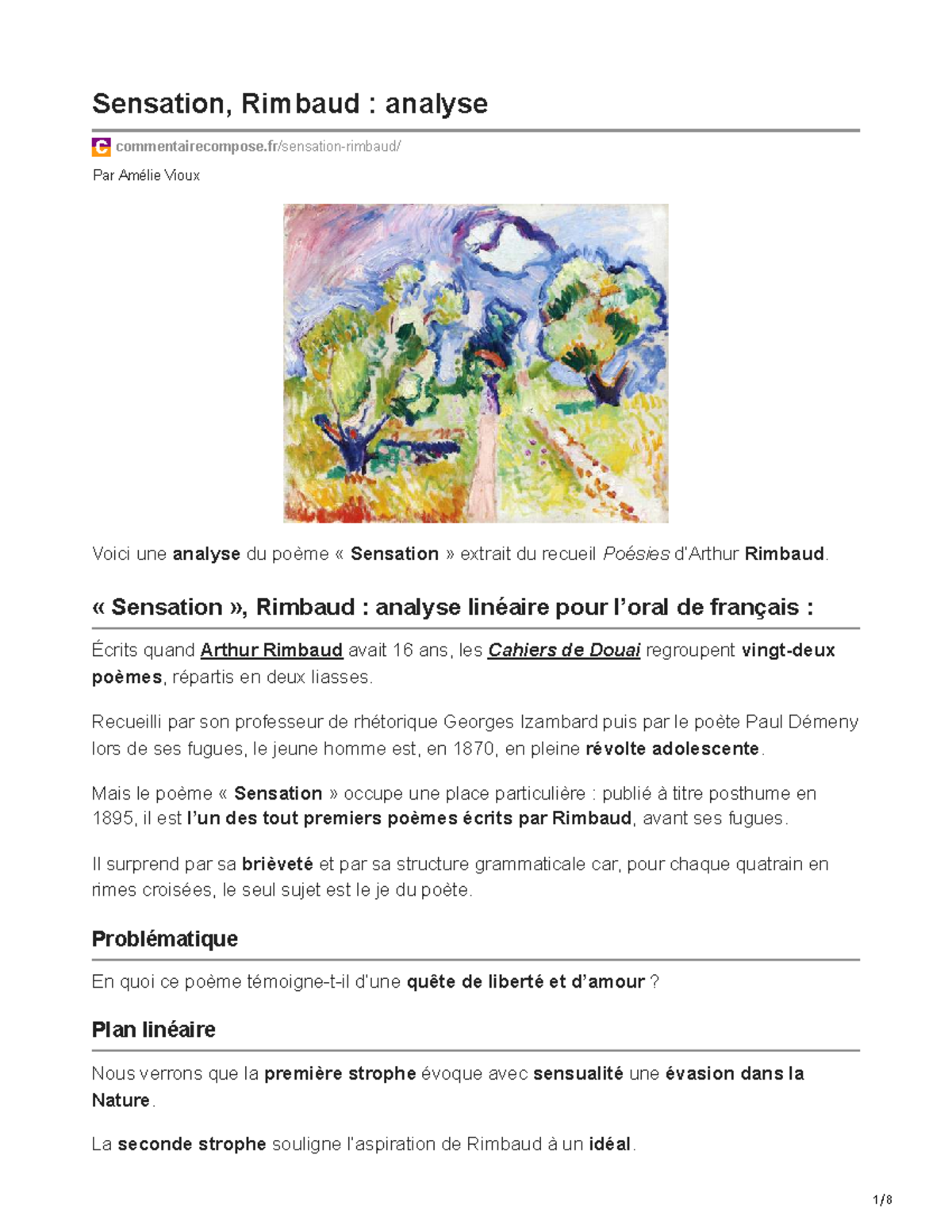 Analyse approfondie du poème "Sensation" de Rimbaud (FR103) - Studocu
