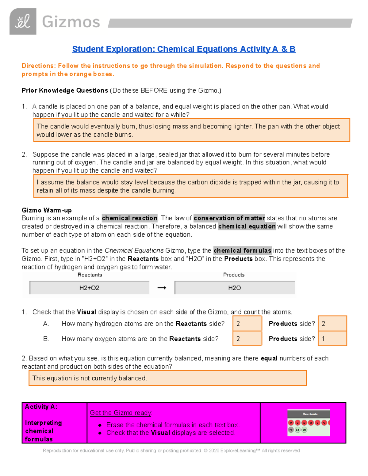 Chemical Equations Gizmo Activities A&B - Student Exploration: Chemical ...