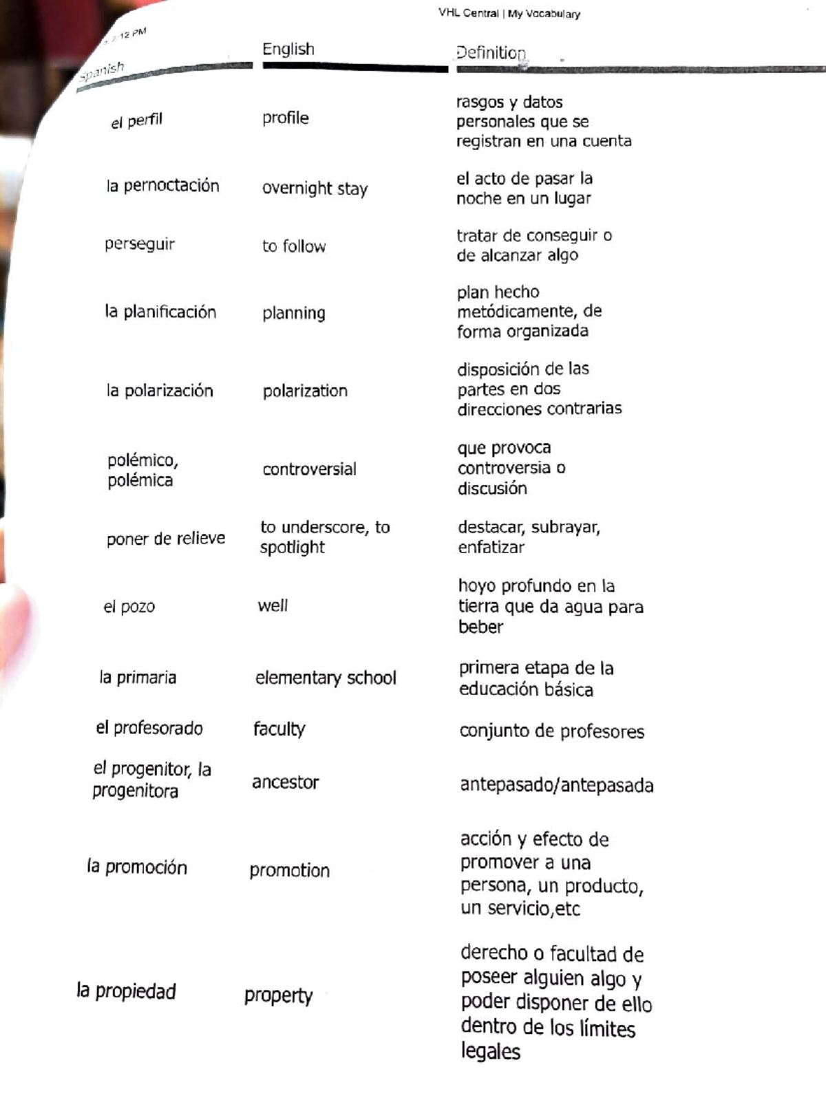 Spanish Vocabulary Definitions: Educational Resource Sheet (VHL 2.12 PM ...