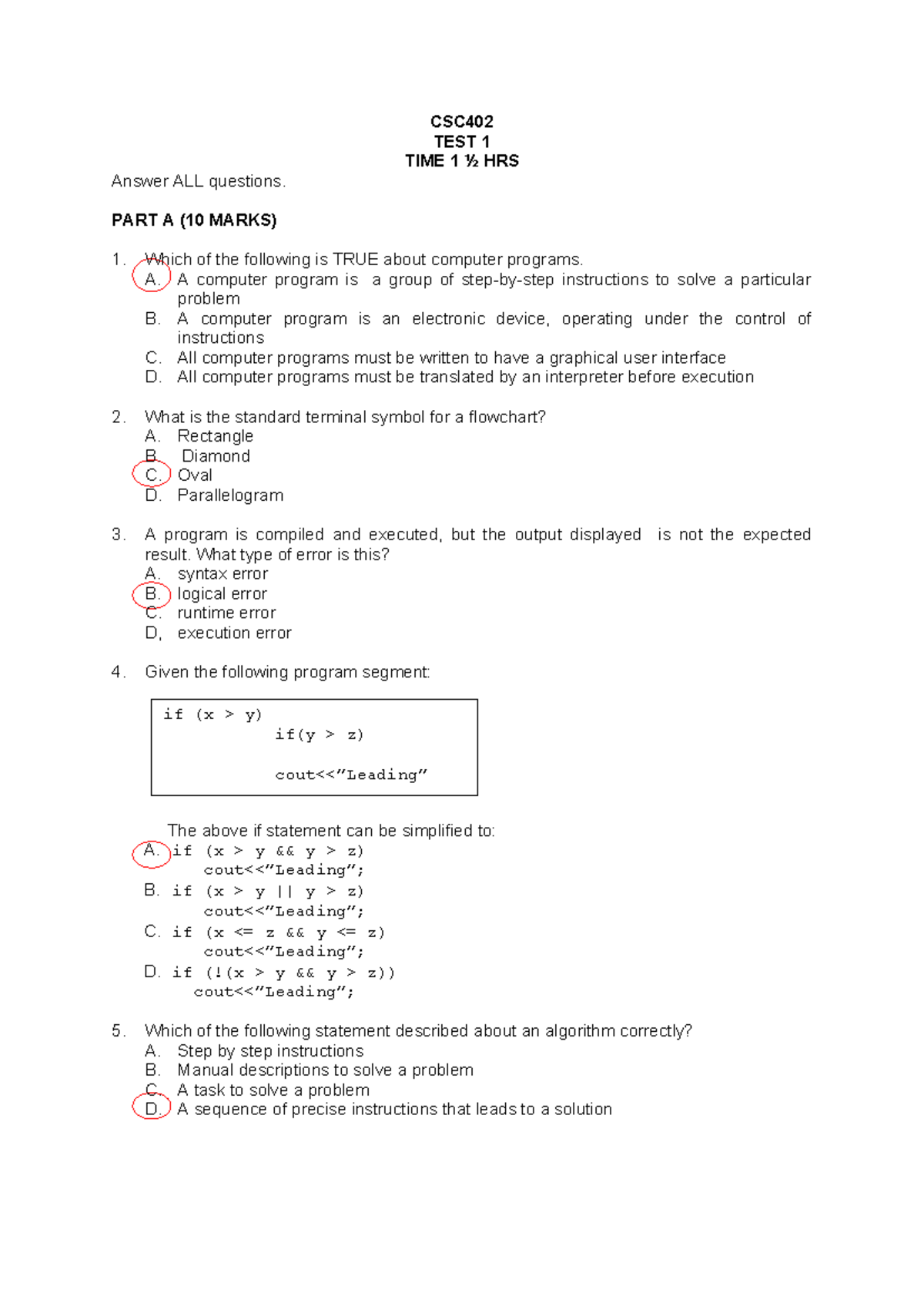 Programming 1 answer scheme - CSC TEST 1 TIME 1 ½ HRS Answer ALL ...