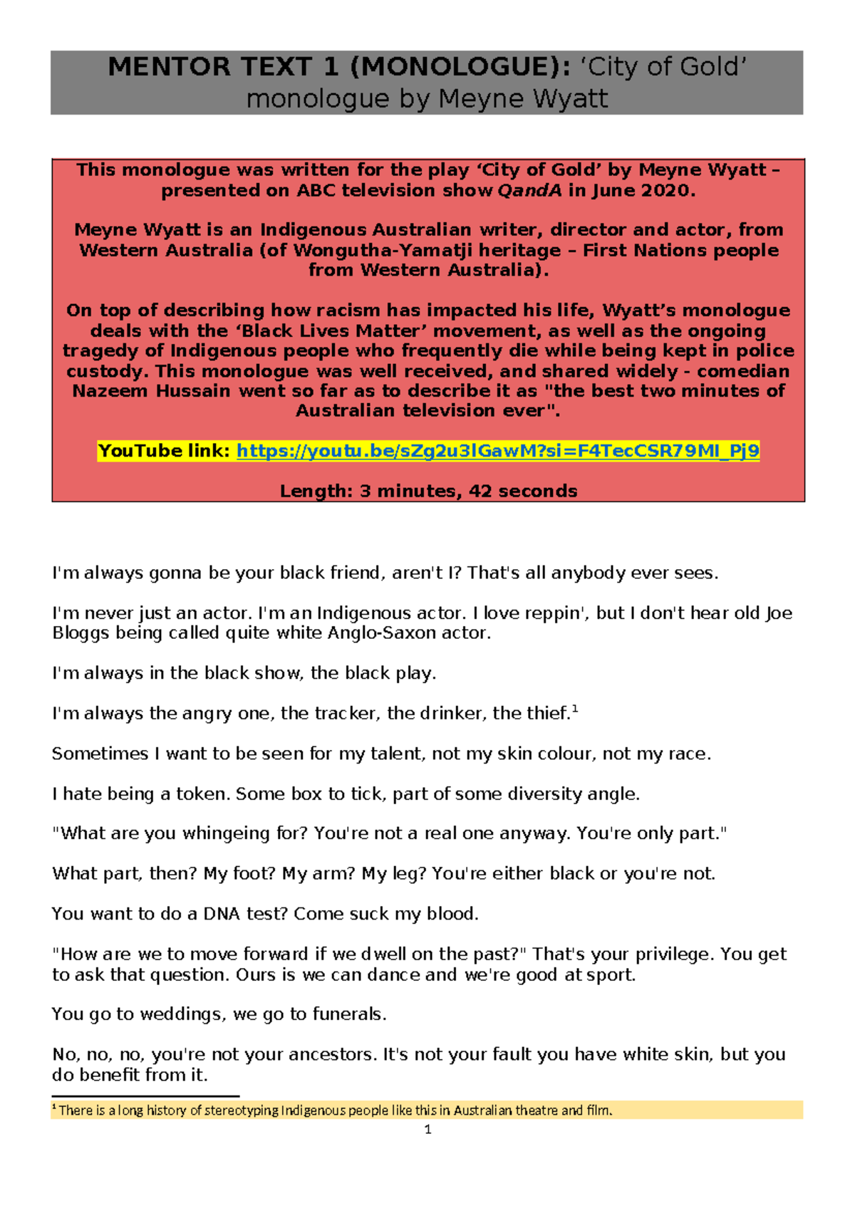 Mentor Text 1: Monologue by Meyne Wyatt on Racism and Identity - Studocu