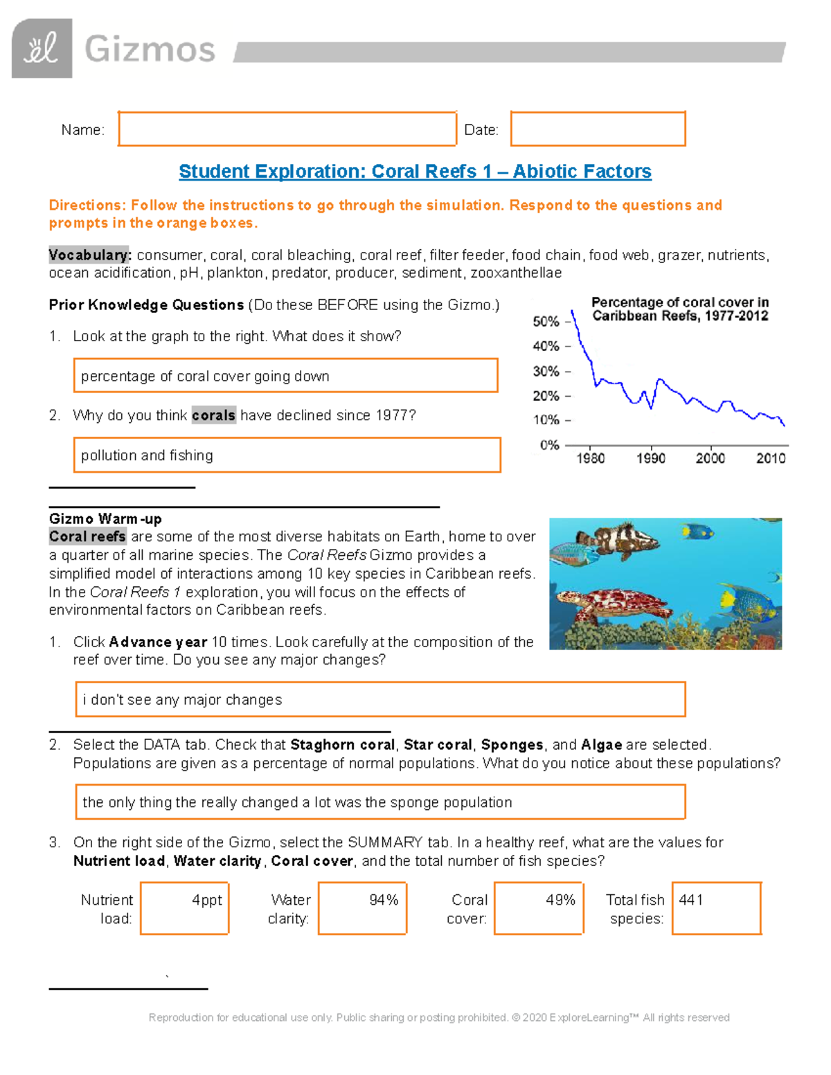 Student Exploration: Coral Reefs 1 & 2 - Abiotic & Biotic Factors (6 ...