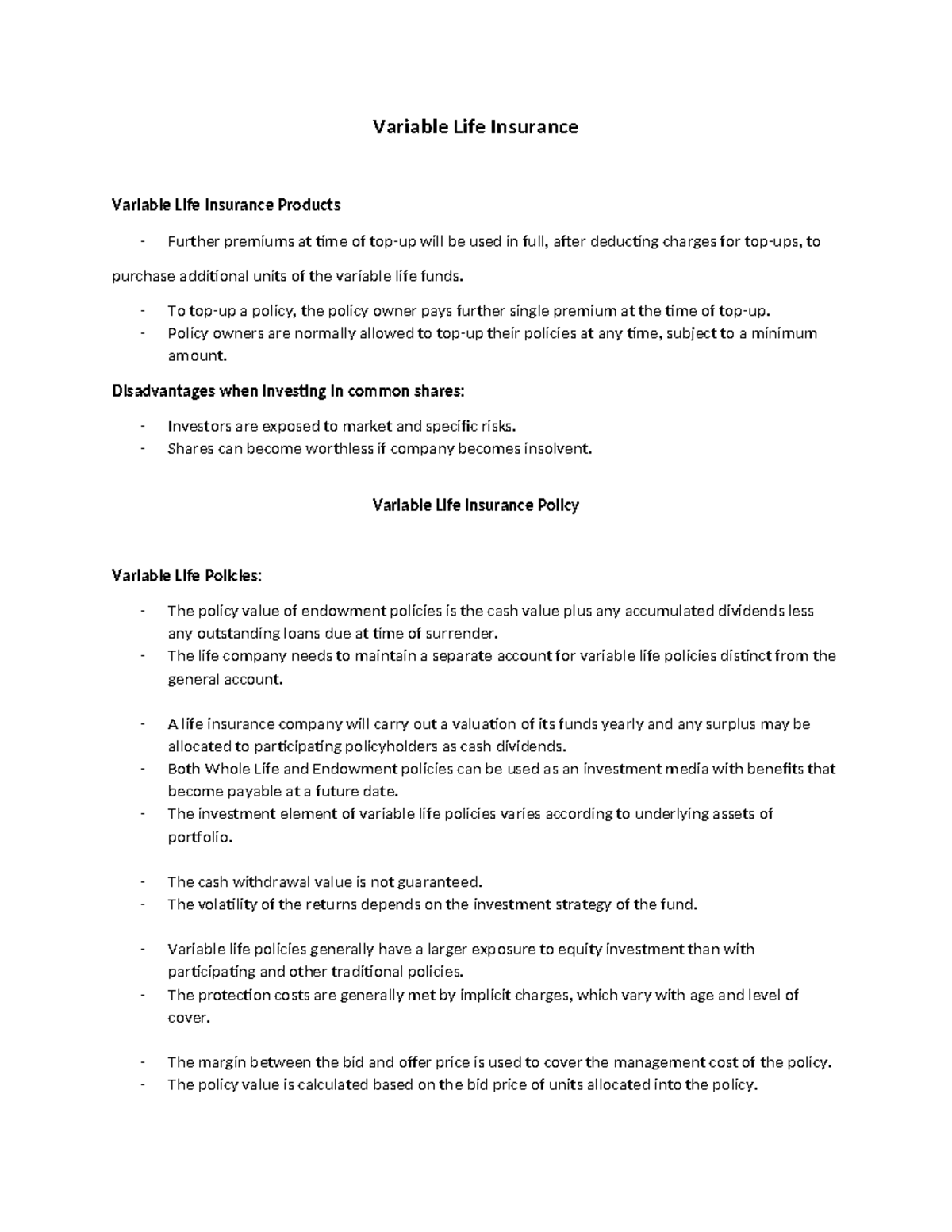 Variable Life Insurance Overview and Key Features Review - Studocu