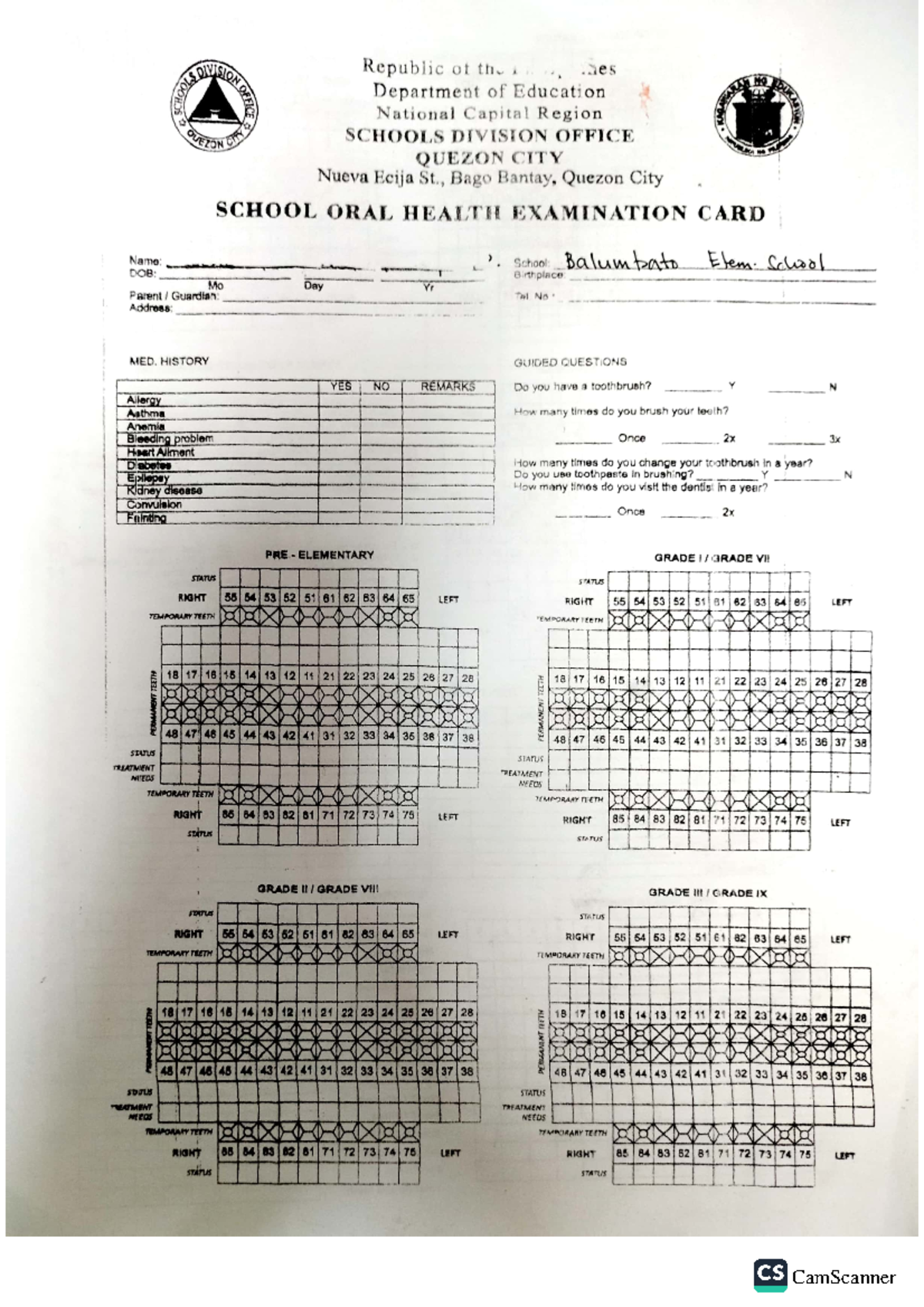 Oral Health Examination Card - School Health Assessment (Pre-Elementary ...