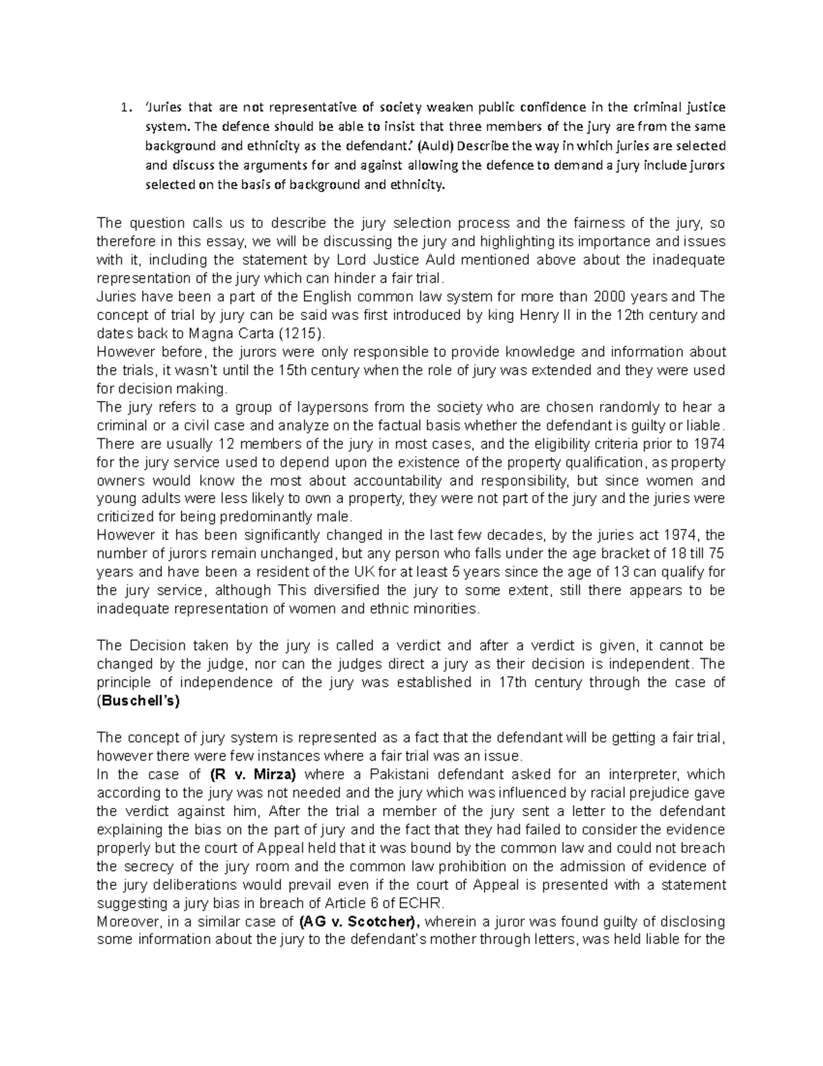 JUR 101: Essay on Jury Selection and Fairness in the Criminal Justice ...