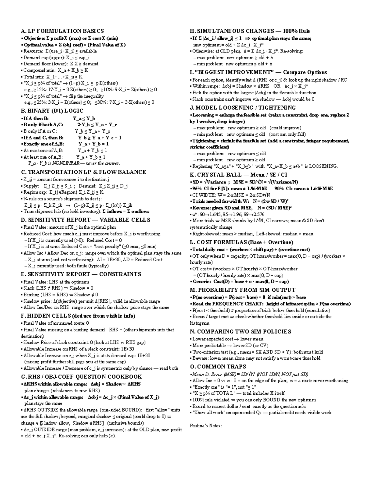 OIDD 101: LP Formulation & Sensitivity Analysis Cheat Sheet - Studocu