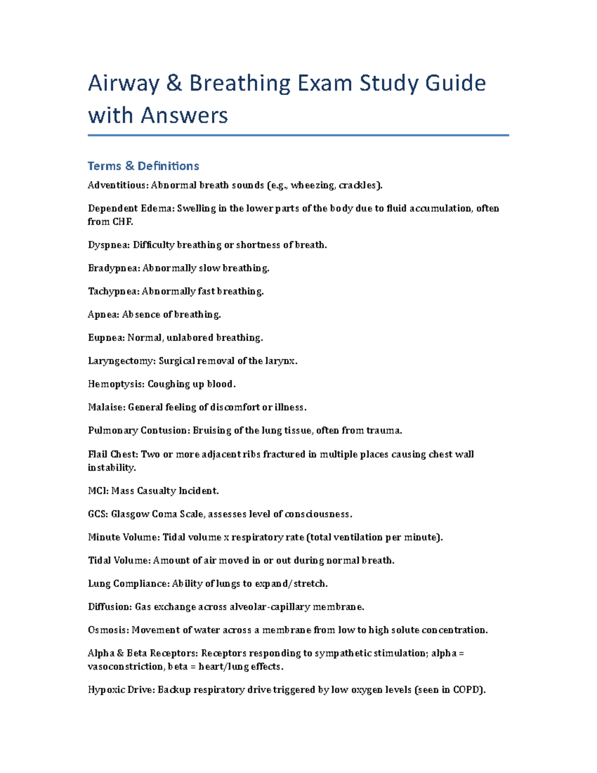 Airway & Breathing Exam Study Guide (Course Code: AB-101) - Studocu