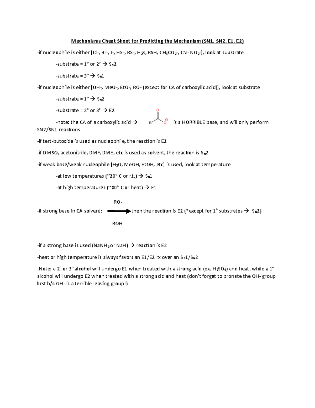 Mechanisms Cheat Sheet for Predicting the Mechanism-1 - ) SN 1 -at high ...