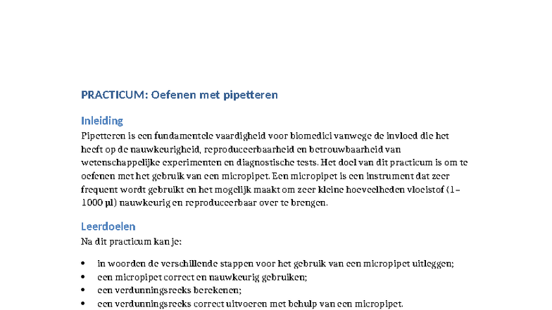 PRACTICUM: Oefenen met Pipetteren en Verdunningsreeks Berekeningen ...