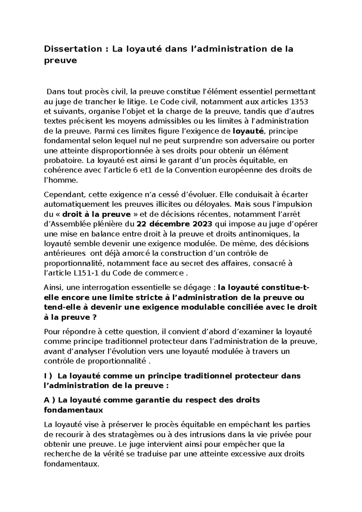 Dissertation Droit Civil : La Loyauté dans la Preuve et ses Limites ...