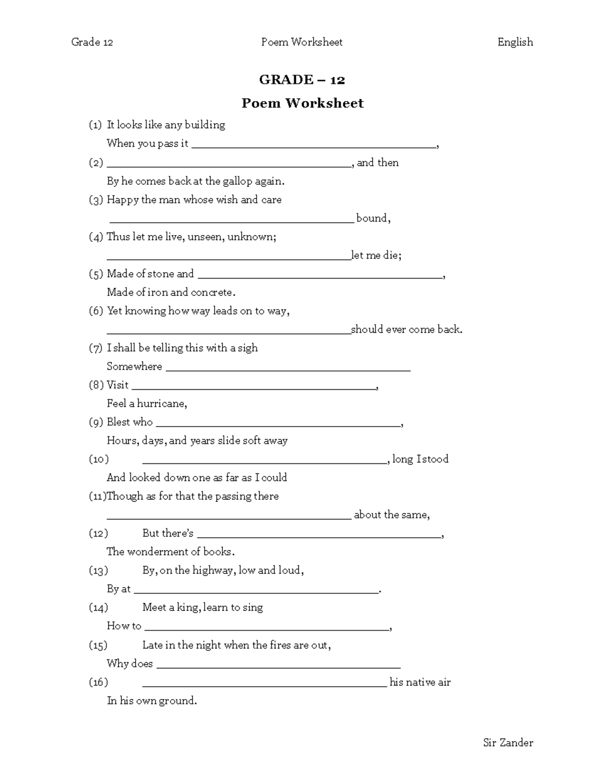 Grade 12 Poem Worksheet - Analysis and Insights - Studocu