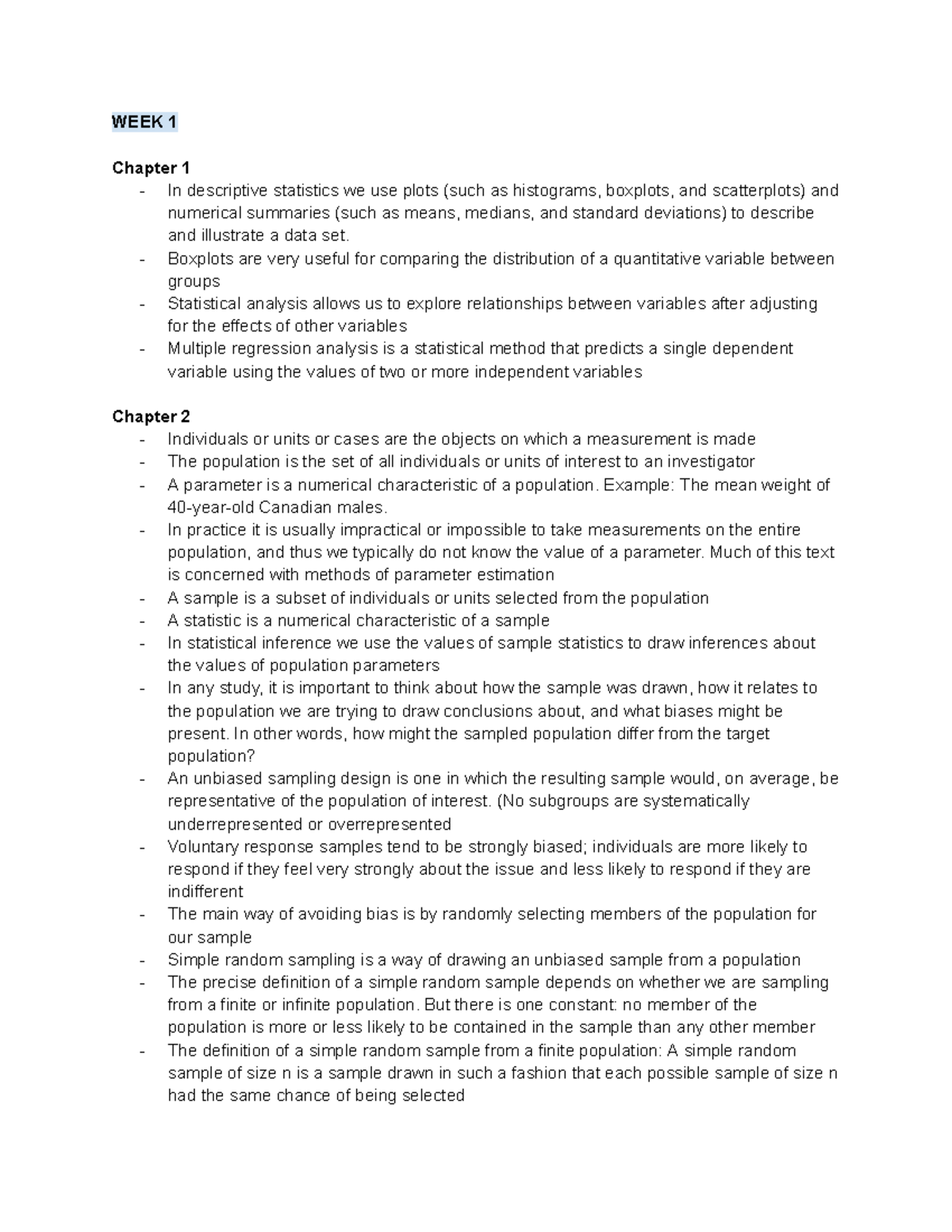 WEEK 1-4 Stats Notes: Descriptive Stats, Sampling, & Probability - Studocu