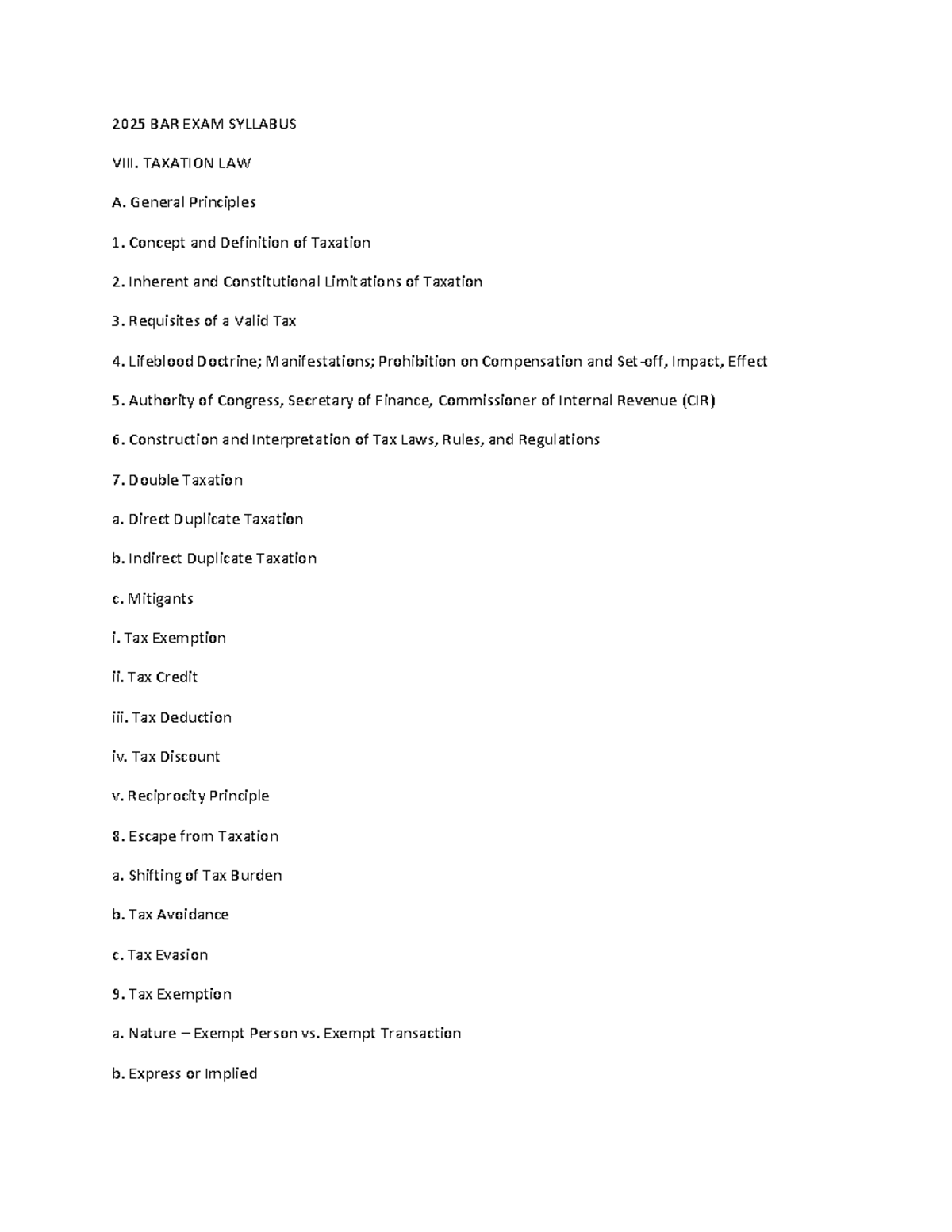 2025 BAR EXAM - Taxation Law Syllabus Overview and Key Concepts - Studocu