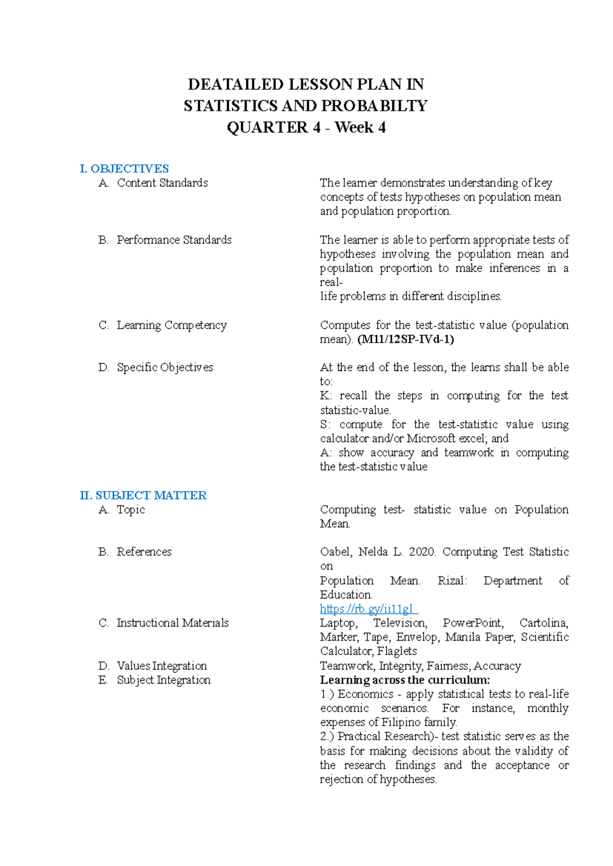 DLP: Statistics & Probability Lesson Plan - Quarter 4, Week 4 - Studocu