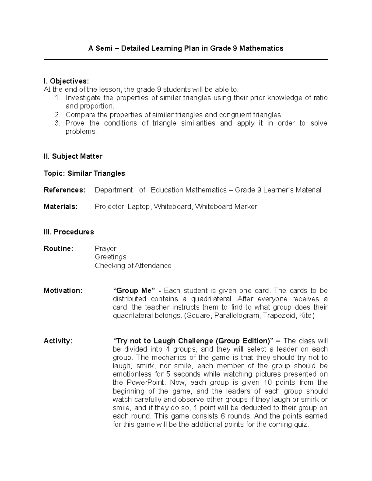 Grade 9 Math Lesson Plan: Exploring Triangle Similarities - Studocu