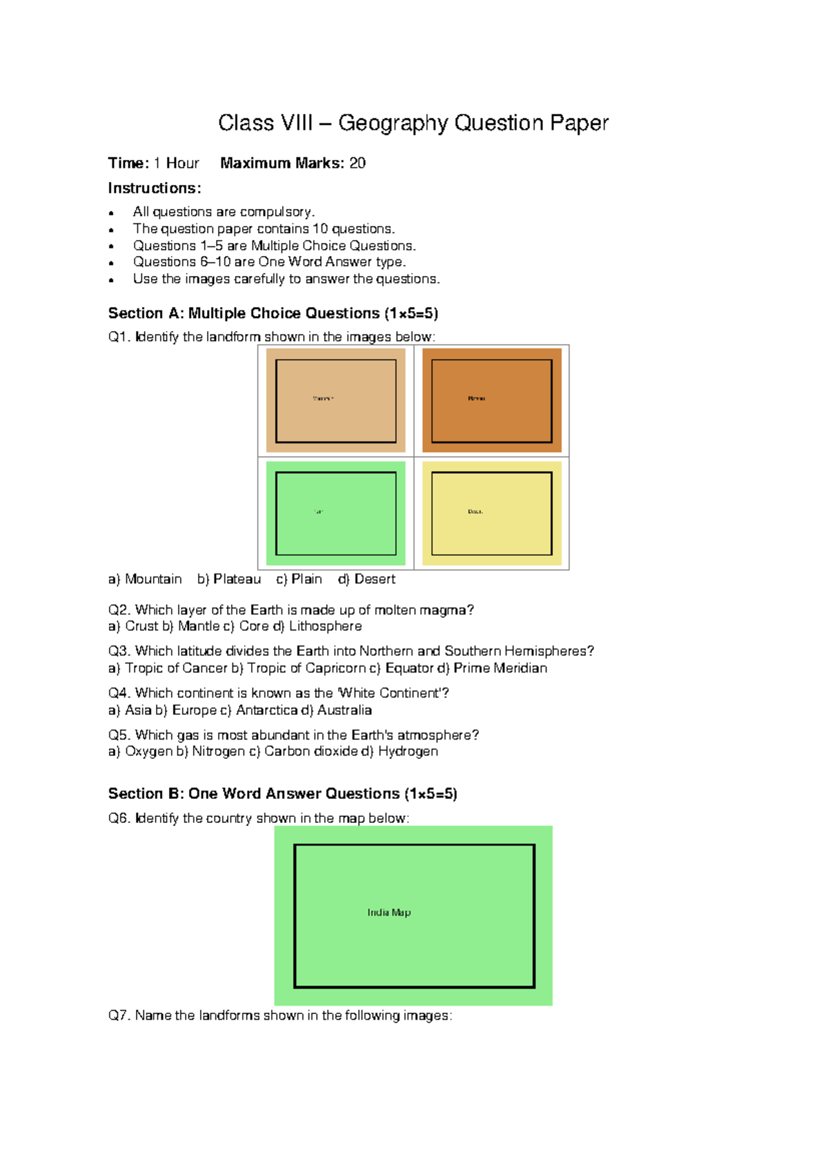 Geography Class Quiz Paper - MCQs & One Word Answers - Studocu