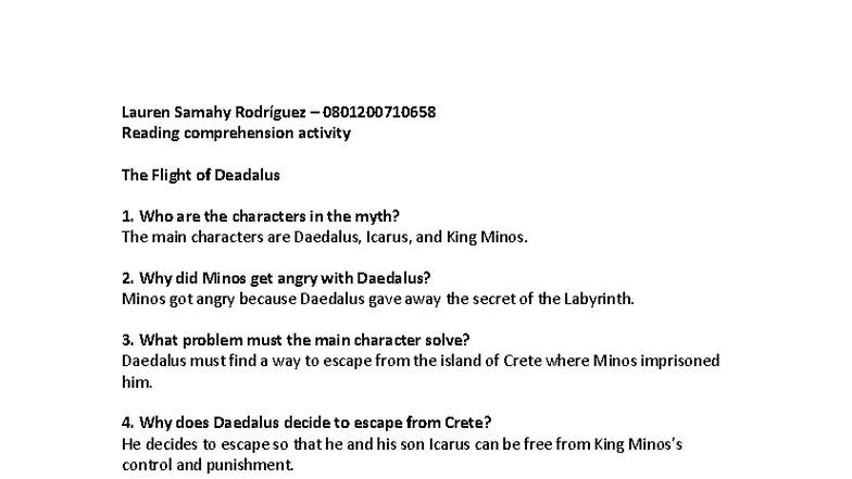 0801200710658 The Flight of Daedalus - Reading Comprehension Activity ...
