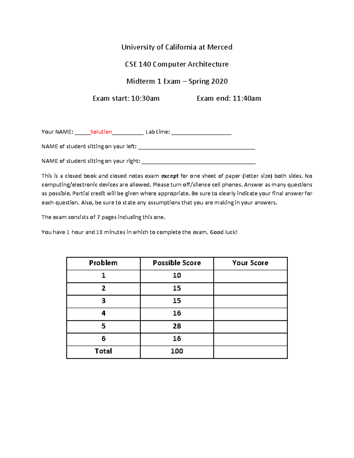 CSE140 S20 midterm 1 Solution - University of California at Merced CSE ...