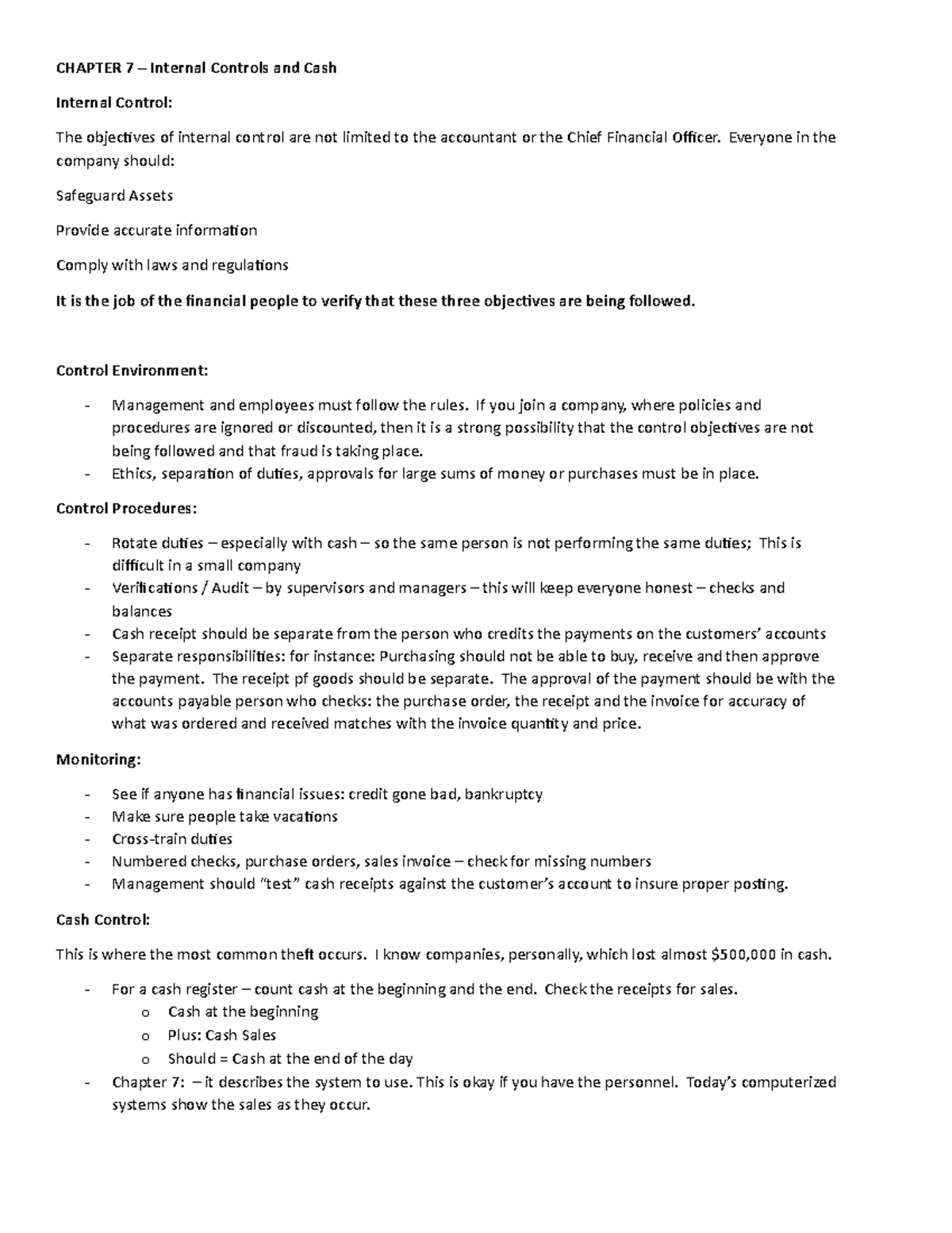 CH 7: Internal Controls for Cash Management and Safeguarding Assets ...