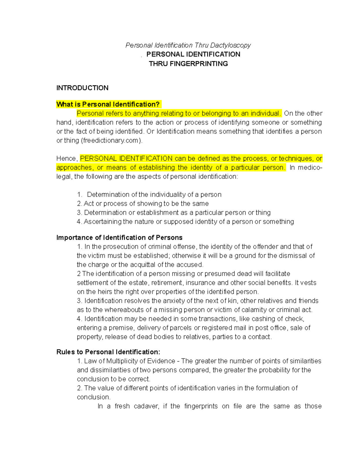 Dactyloscopy (Course Code) - Lecture Notes on Fingerprint ...