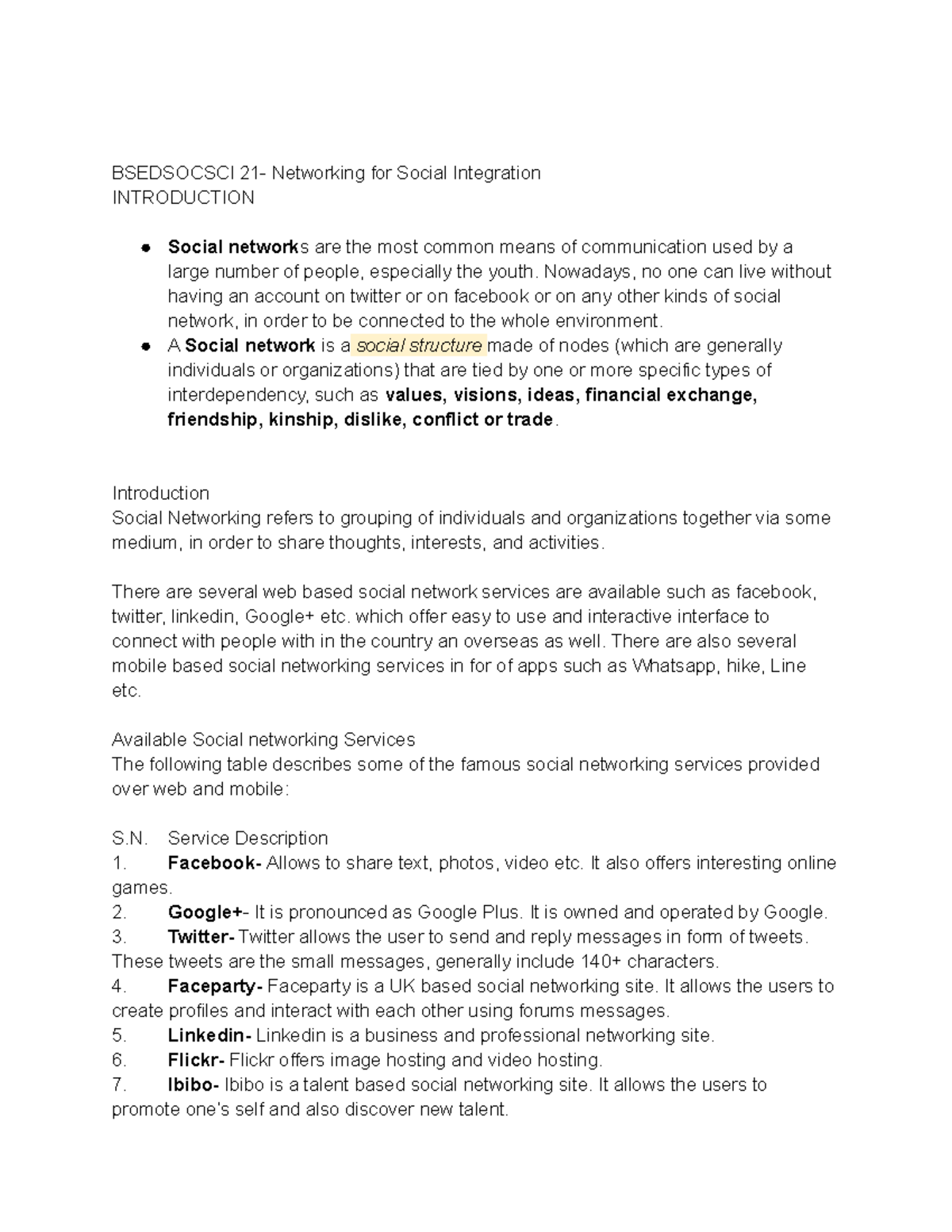BSEDSOCSCI 21 - Social Networking for Community Integration - Studocu