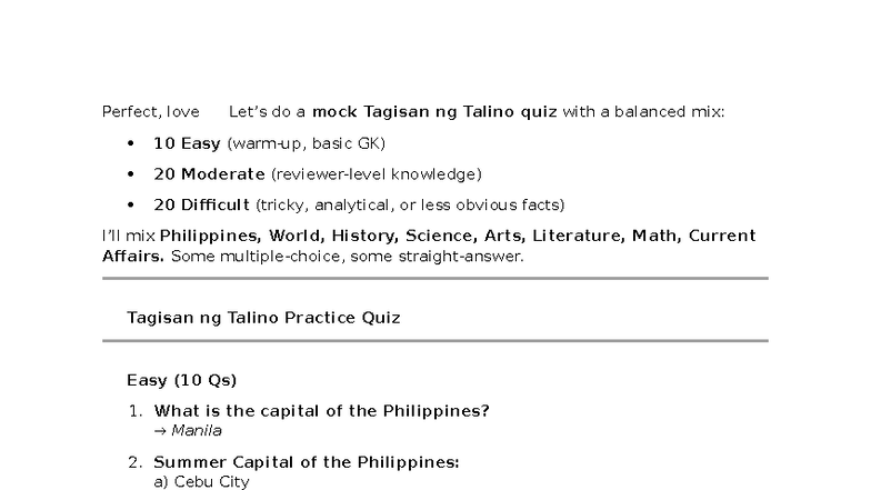 Tagisan ng Talino Quiz: 10 Easy, 20 Moderate, 20 Difficult Questions ...