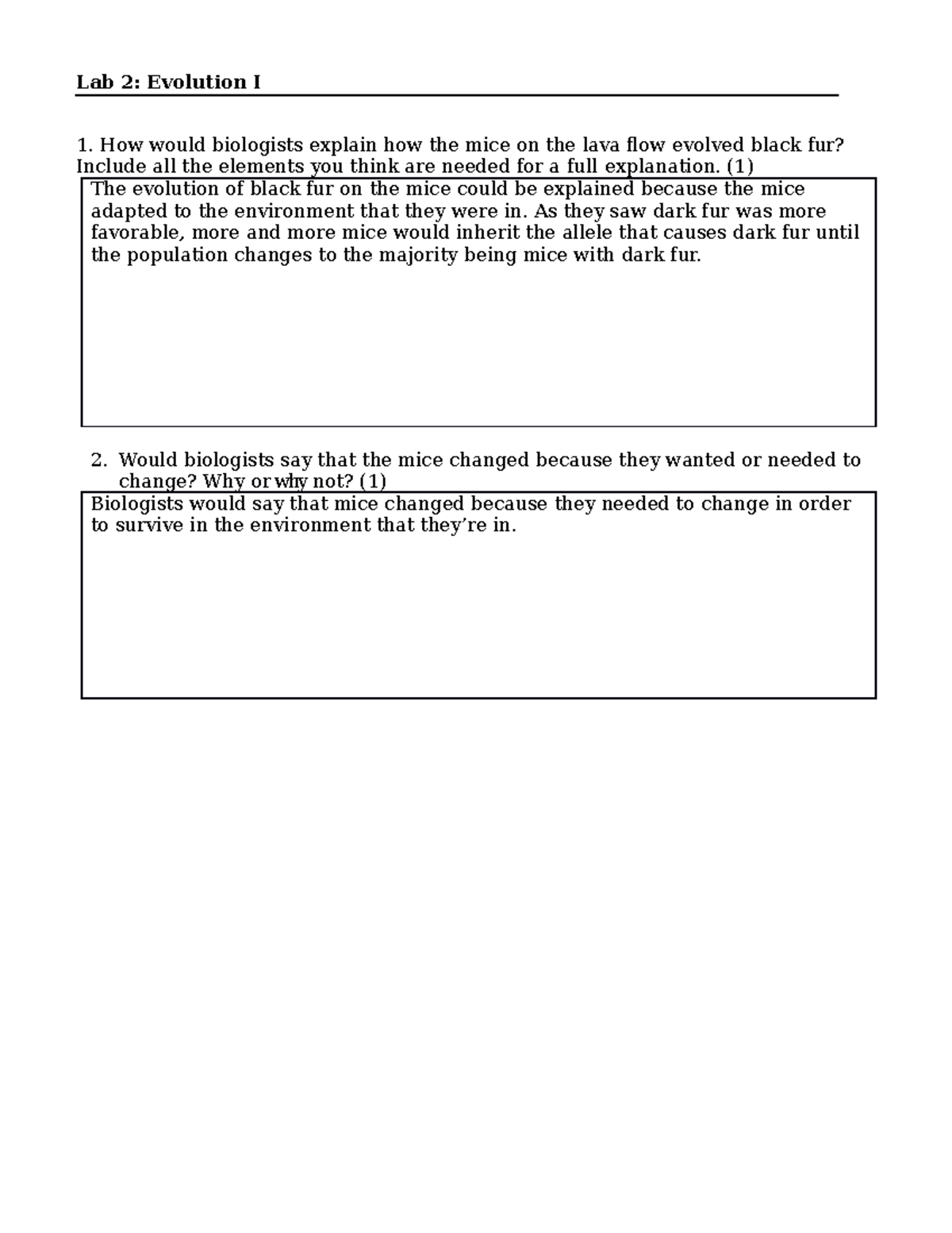 Lab 2 Evolution I Write Up - Lab 2: Evolution I How would biologists ...