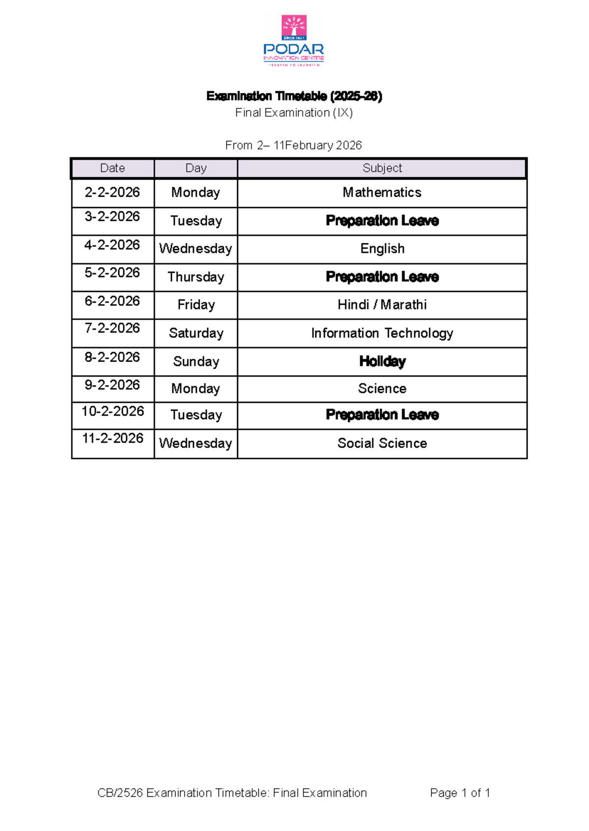 Grade IX Final Exam Timetable & Portion Overview - Studocu