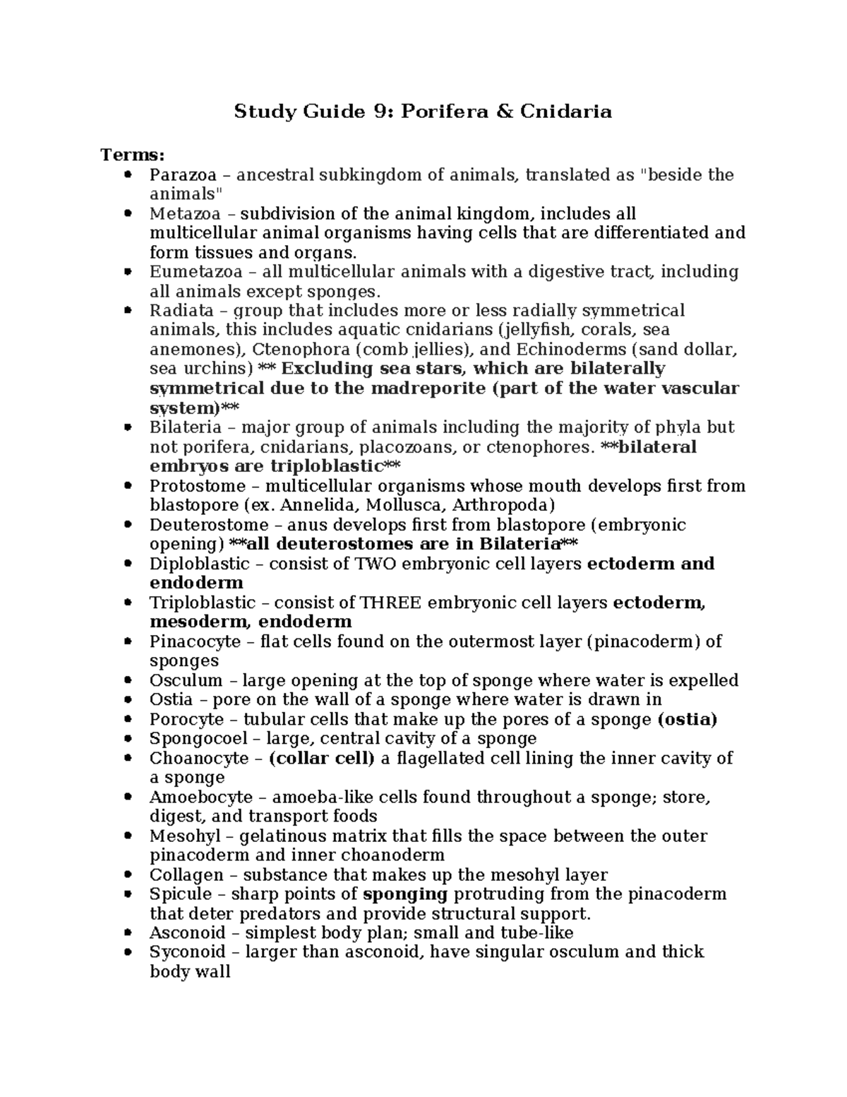 BIO 214 Study Guide 9: Key Terms on Porifera and Cnidaria - Studocu