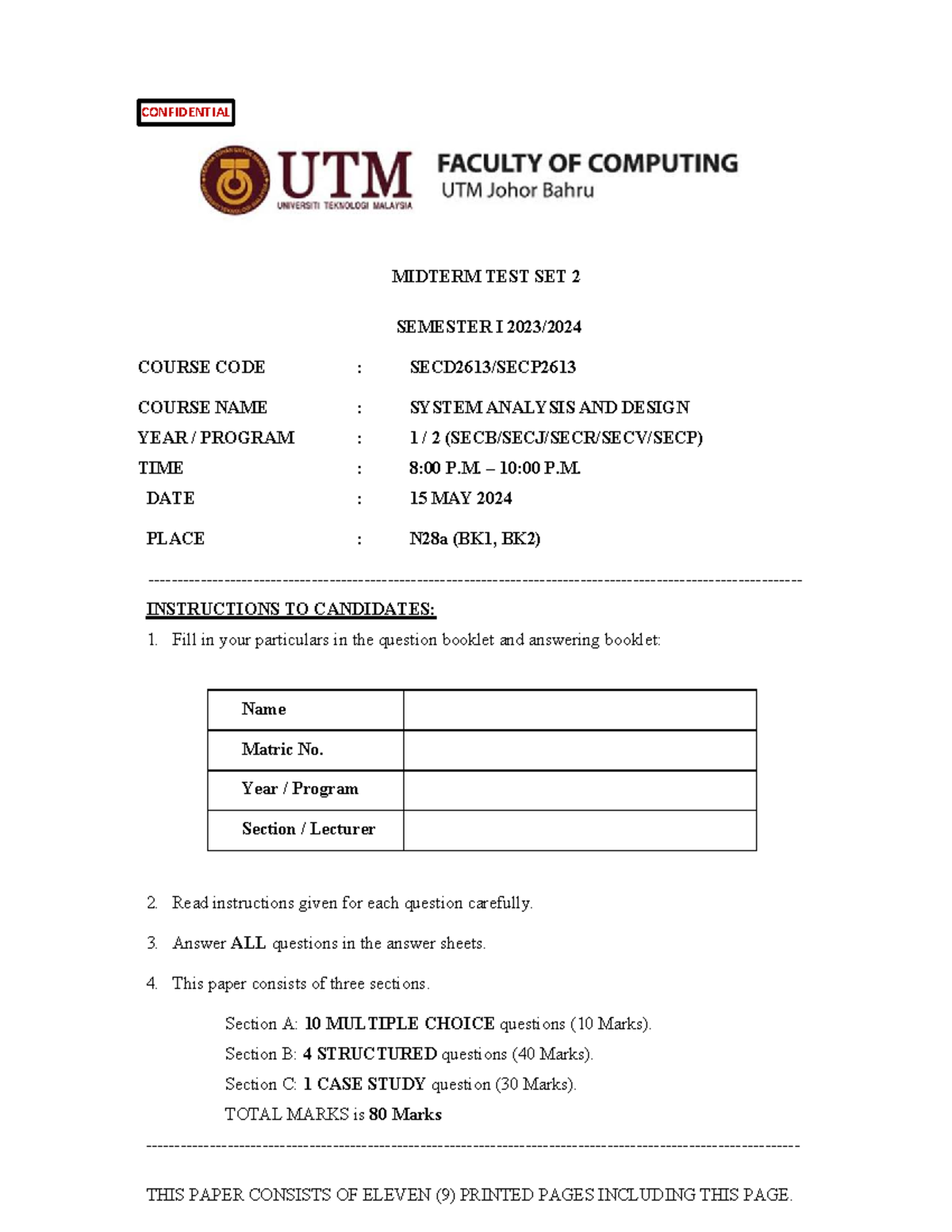 Midterm Test Set 2: SECD2613 System Analysis & Design (15 May 2024 ...