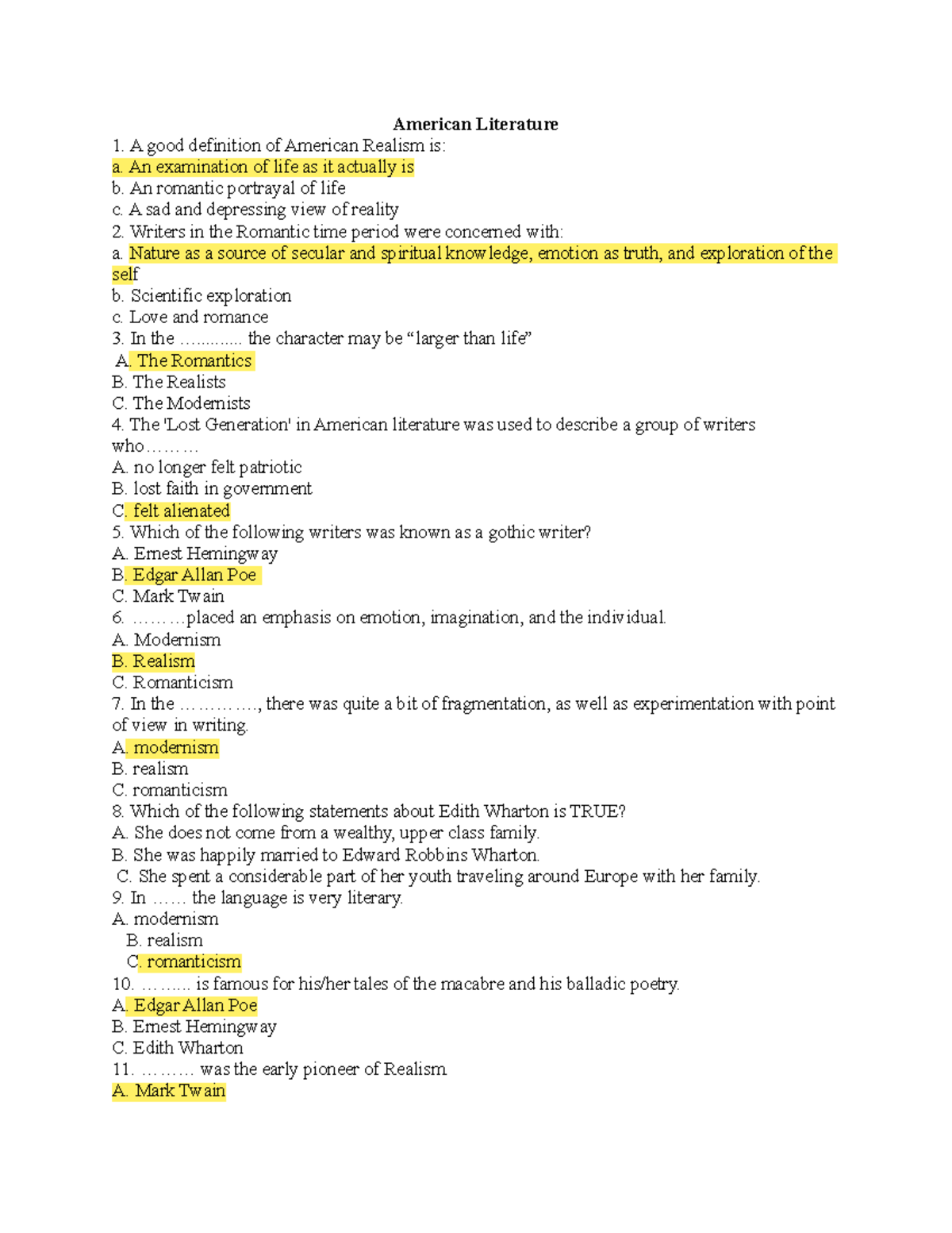 American Literature Review for Final Exam - VHAM Gui SV - Studocu