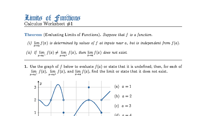 Calculus Worksheet 1: Evaluating Limits of Functions - Studocu