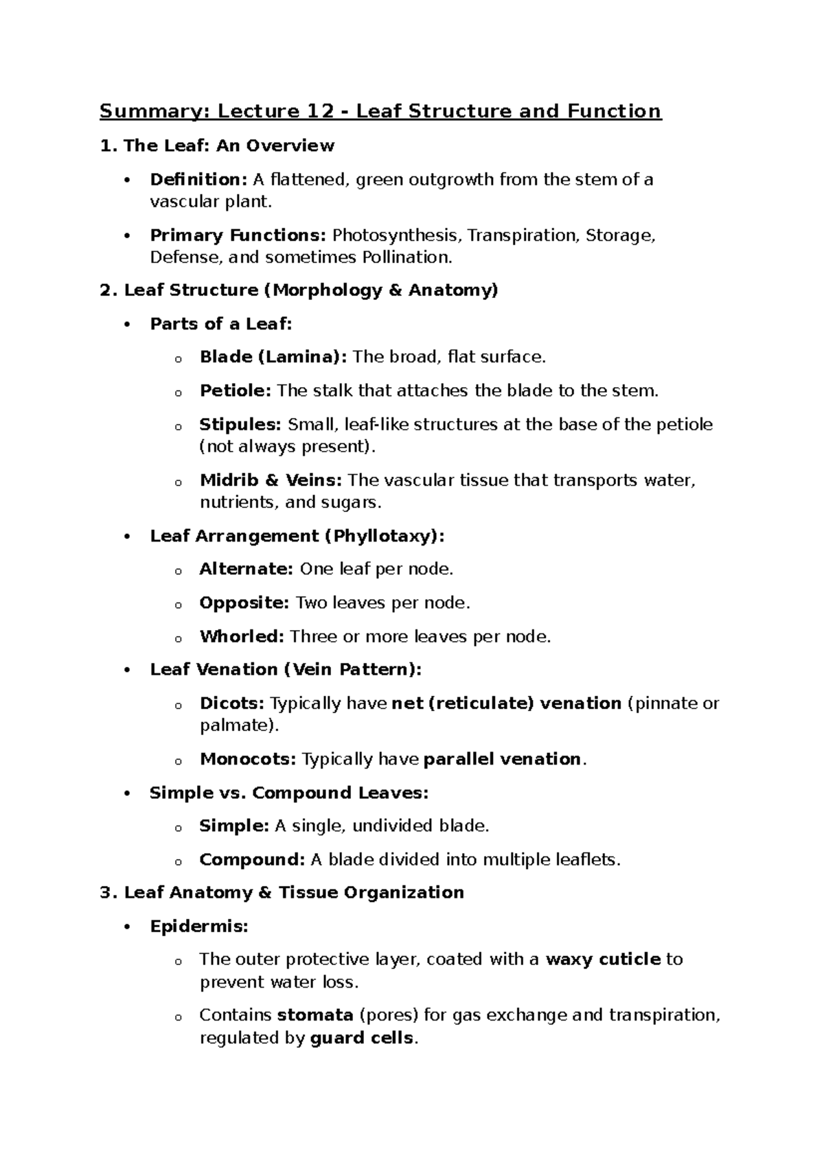 Lecture 12 Summary: Leaf Structure & Function Overview - Studocu