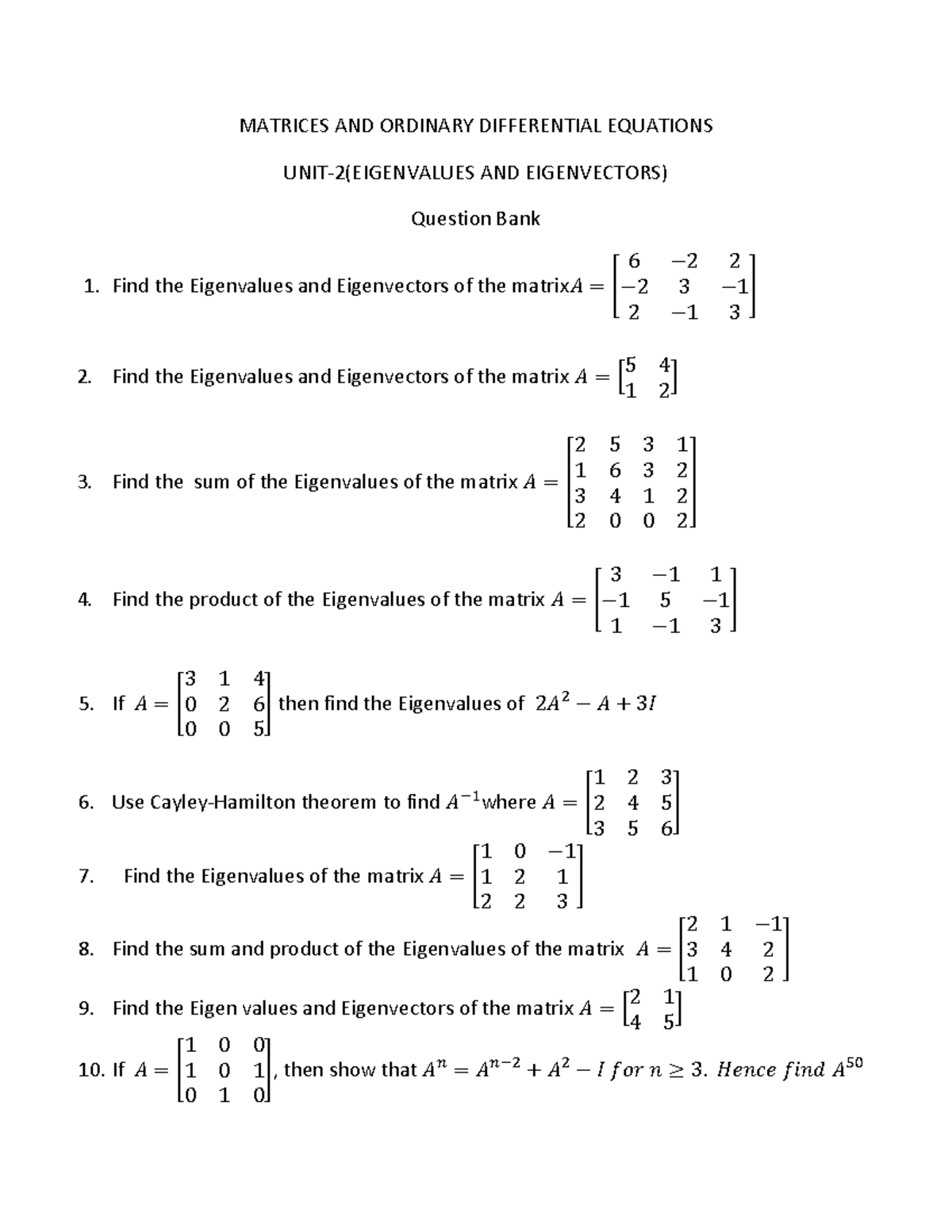 MATH 101: UNIT-2 Eigenvalues and Eigenvectors Question Bank - Studocu
