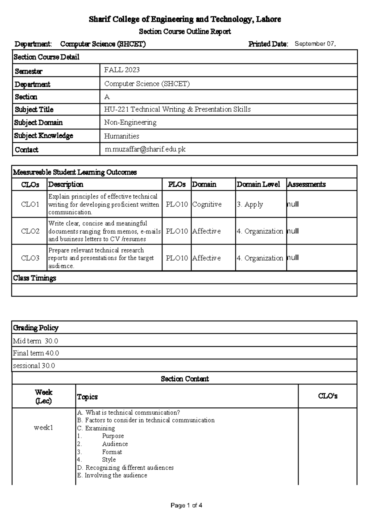 Course Outline: HU-221 Technical Writing & Presentation Skills (FALL ...