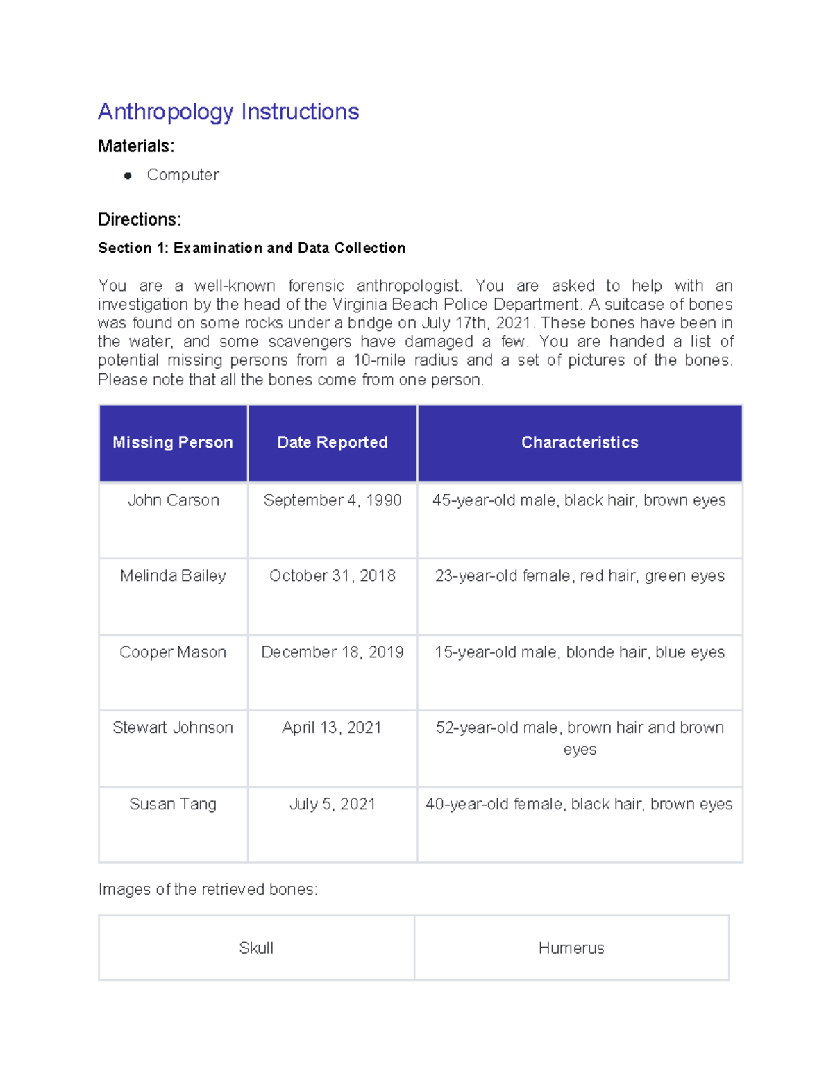 FS 5.03 Anthropology Worksheet: Forensic Analysis Instructions and ...
