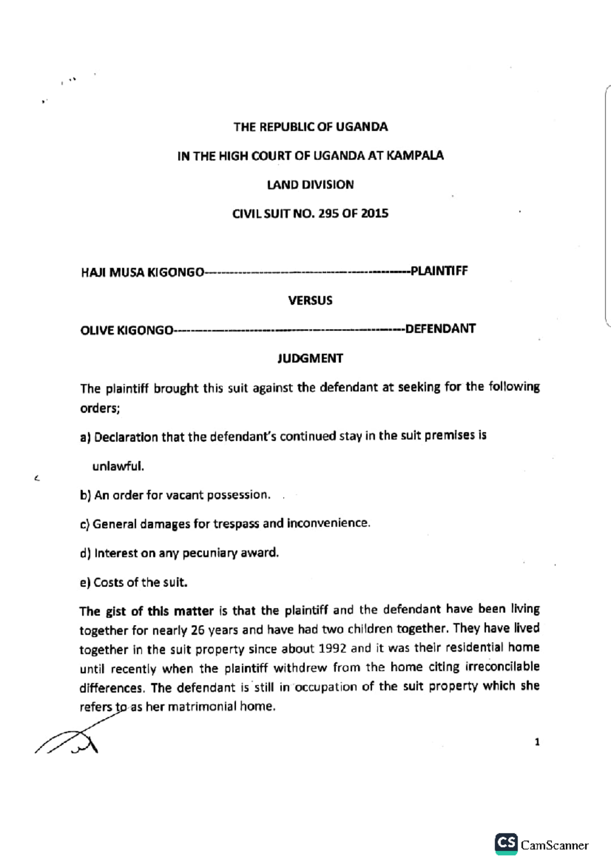 Kigongo Vs Kigongo HCCS No. 295 of 2015: Judgment Analysis and Issues ...