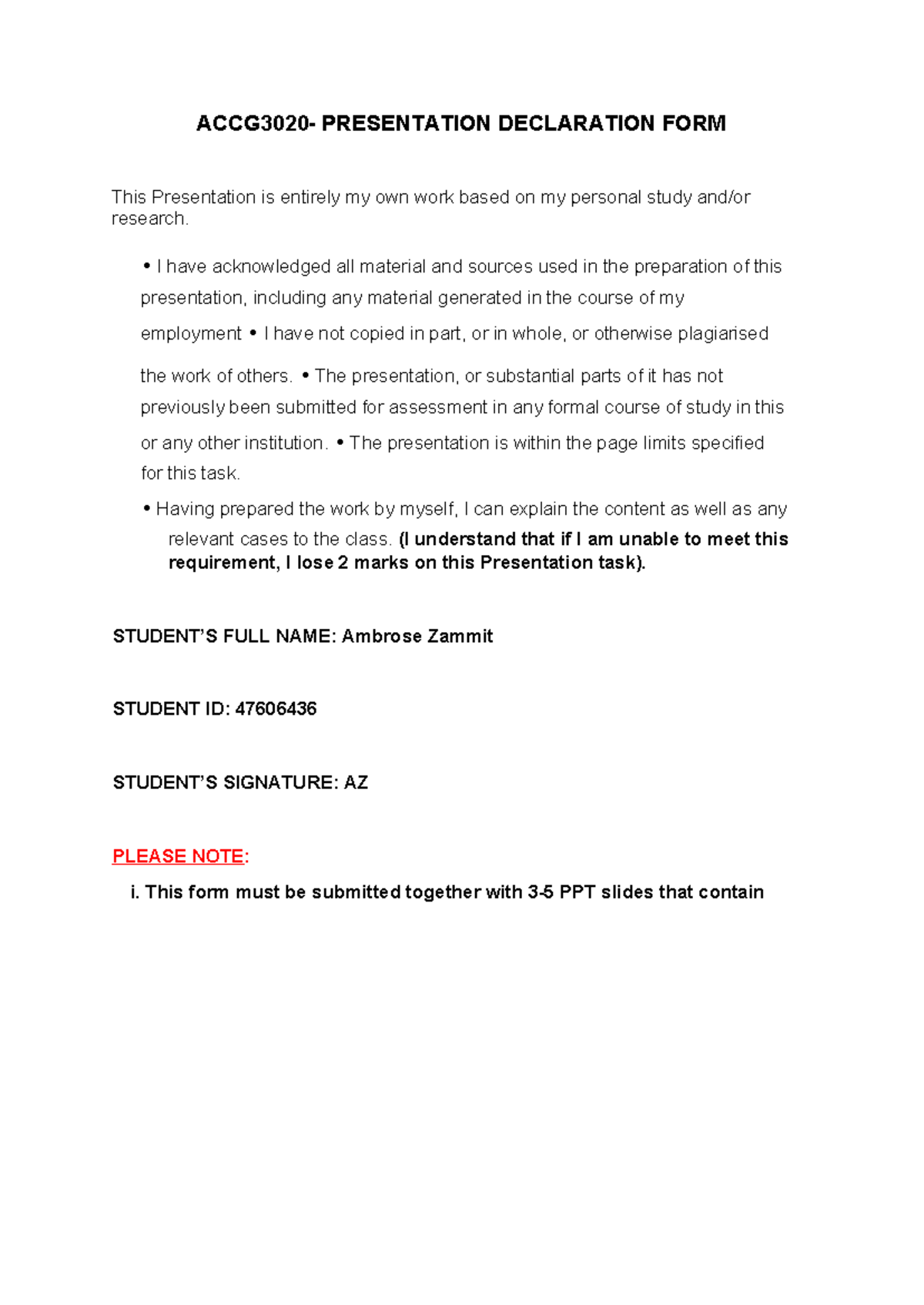 ACCG3020 Presentation Declaration Form – Personal Work Acknowledgment ...