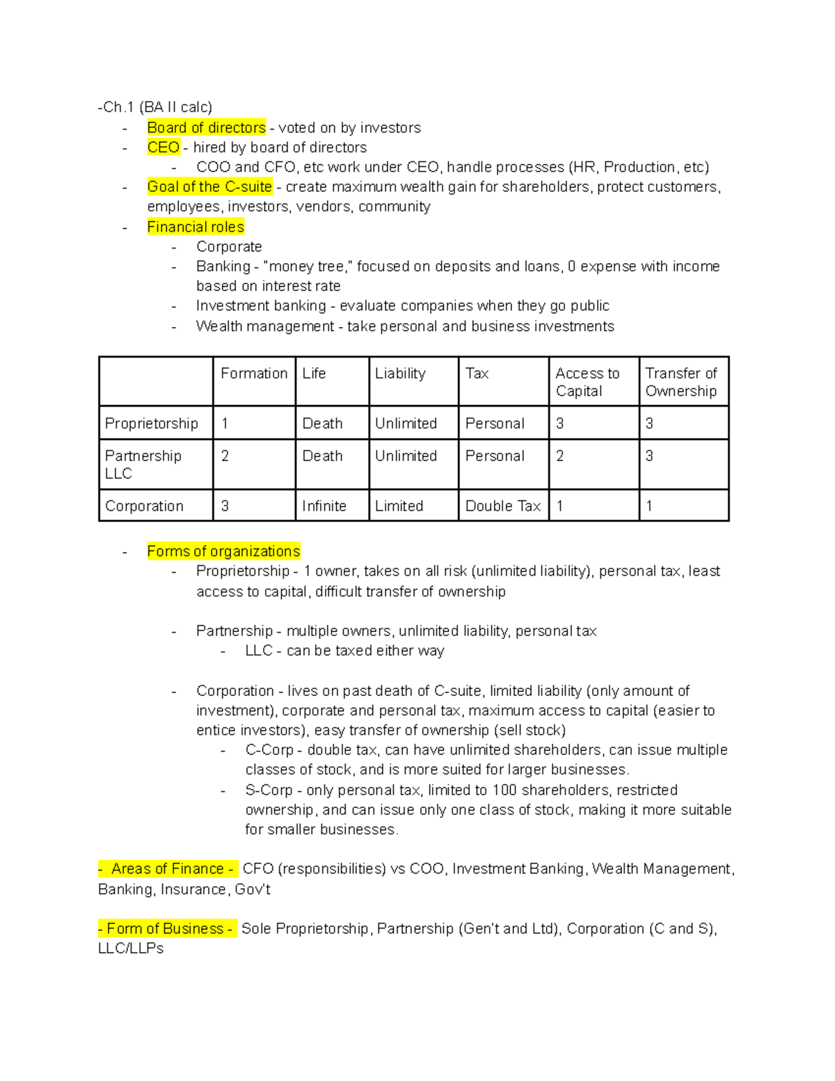 BA II Calc: Finance Study Guide Notes on C-Suite and Business ...