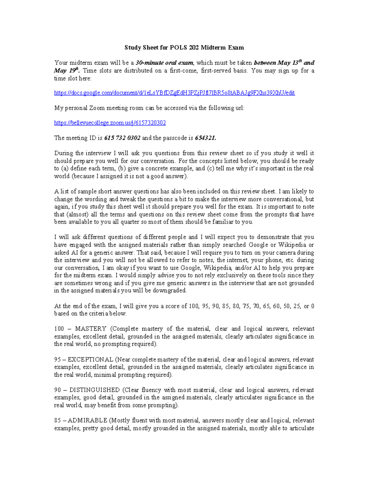 Midterm Exam Review Sheet (POLS 202) (Spring 2025) - Study Sheet for POLS 202 Midterm Exam Your ...