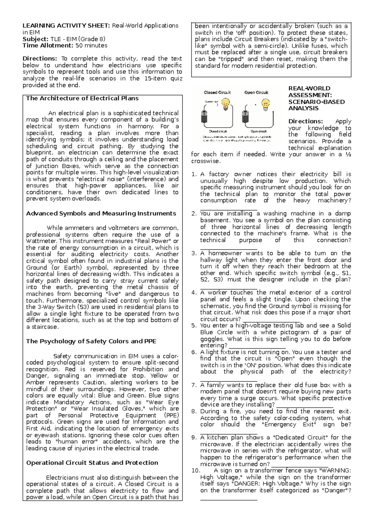 G8 EIM Q3 Learning Activity Sheet: Electrical Symbols & Safety - Studocu