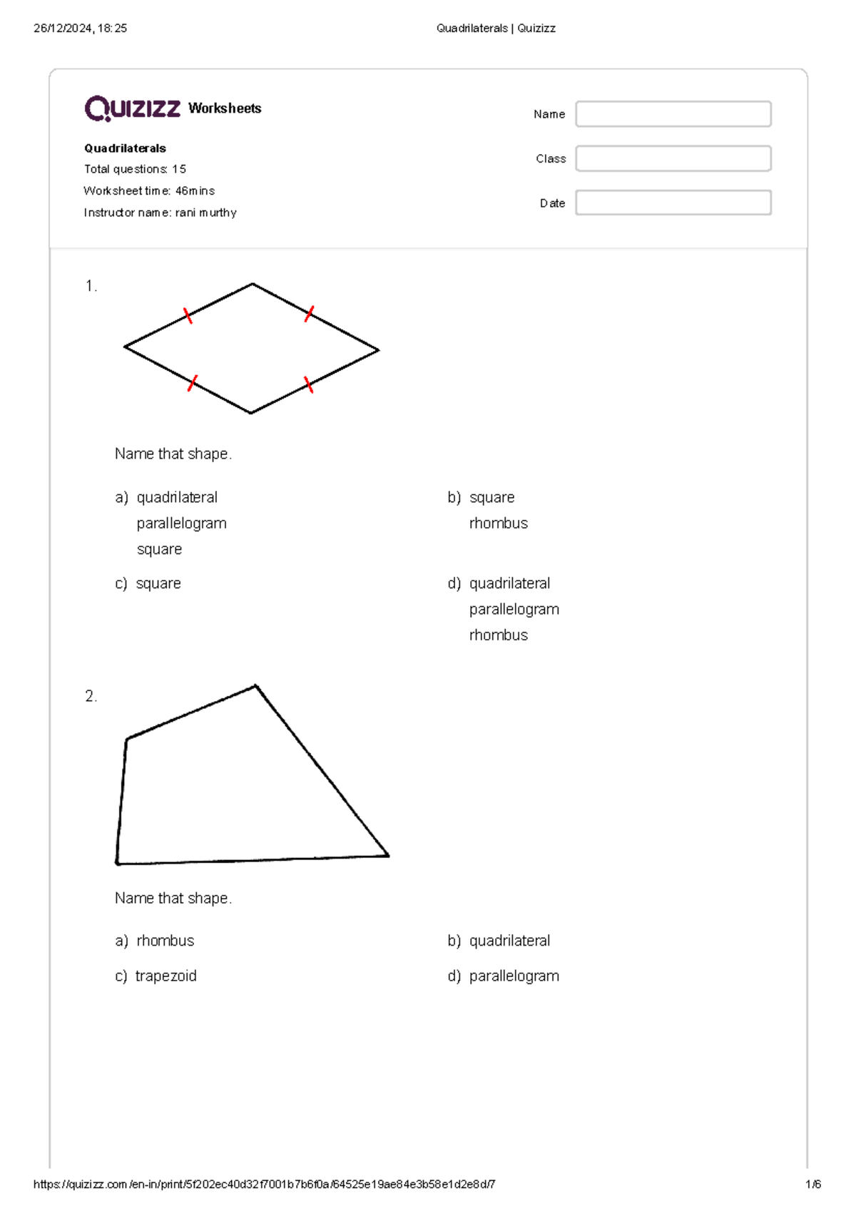 Quizizz - Quadrilaterals Worksheet (15 Questions) - Studocu